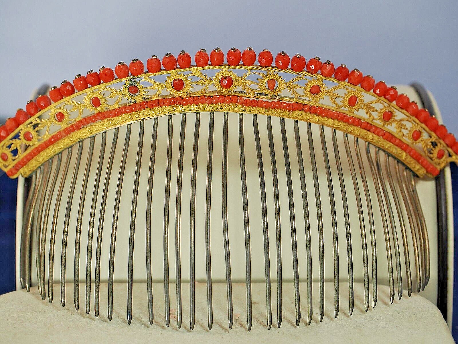 Antique French Empire Tiara Red Coral Fire Gilt Metal… - Gem