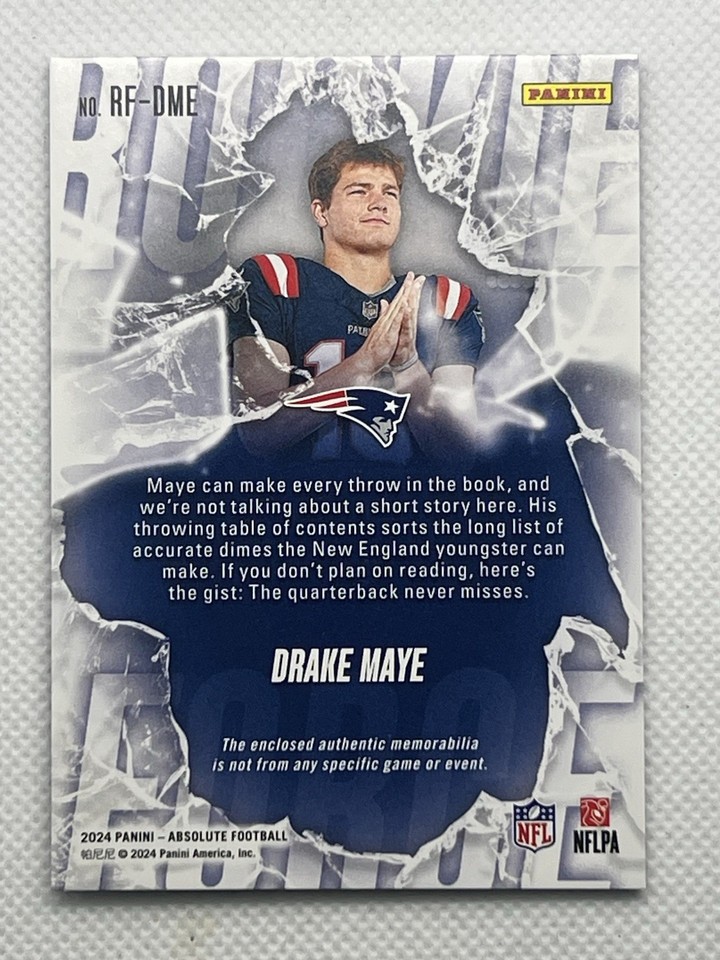 Drake Maye 2024 Panini Absolute Rookie Force Patch #RF-DME Patriots RC ...