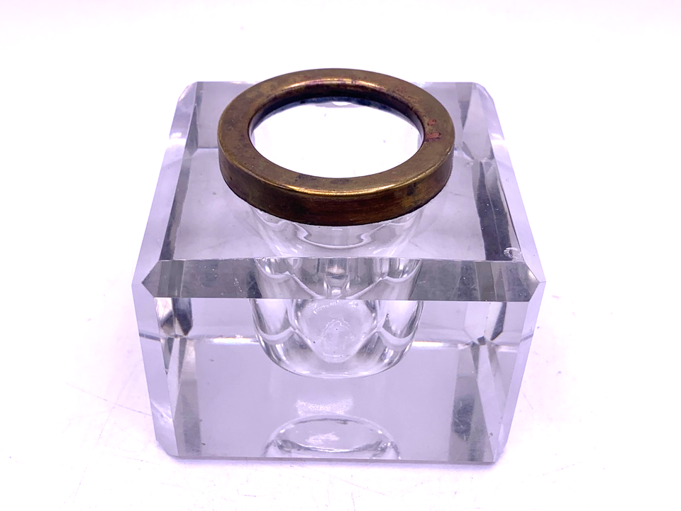 Vintage large cut glass crystal inkwell with brass ring top | eBay
