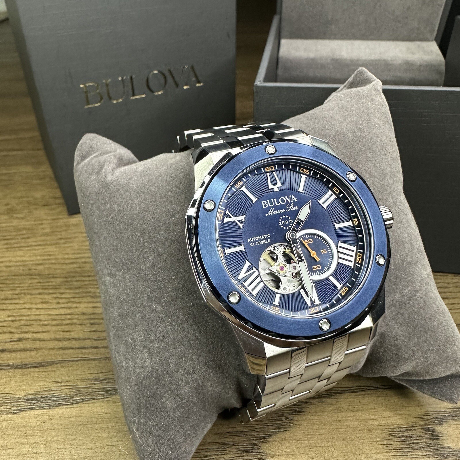NEW AUTOMATIC Bulova Marine Star Skeleton Men's Blue Steel Watch 98A302 ...