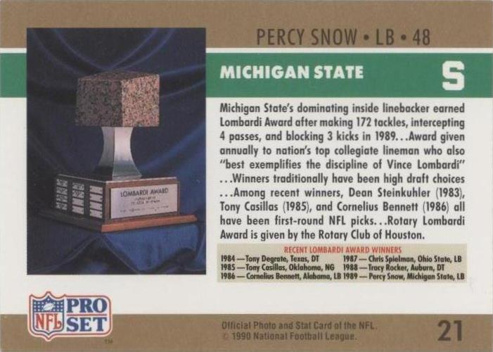 1990 Pro Set Percy Snow #21 for sale | eBay