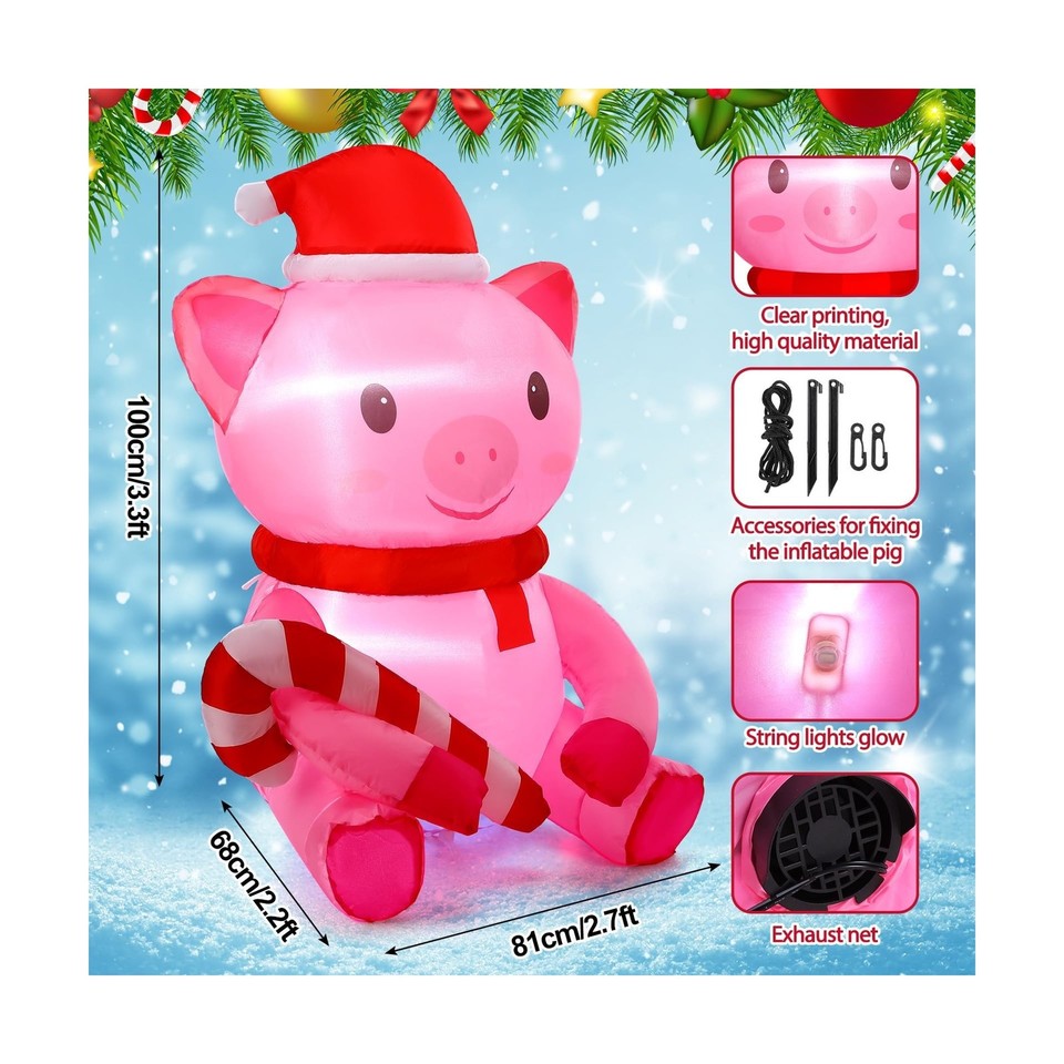 3.3ft Christmas Inflatable Pig Pig with Santa Hat & Candy Cane ...