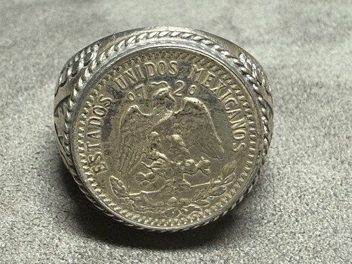 MEXICO BIKER RING STERLING SILVER COIN PESOS .720 Large shield Ring ...