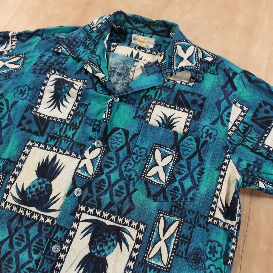 HUKILAU FASHIONS Hawaiian barkcloth tiki camp shirt LARGE tag vtg 60s ...