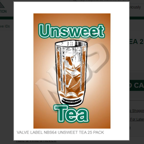 VALVE LABEL NBS64 UNSWEET TEA 25 PACK # VI05643217 | eBay