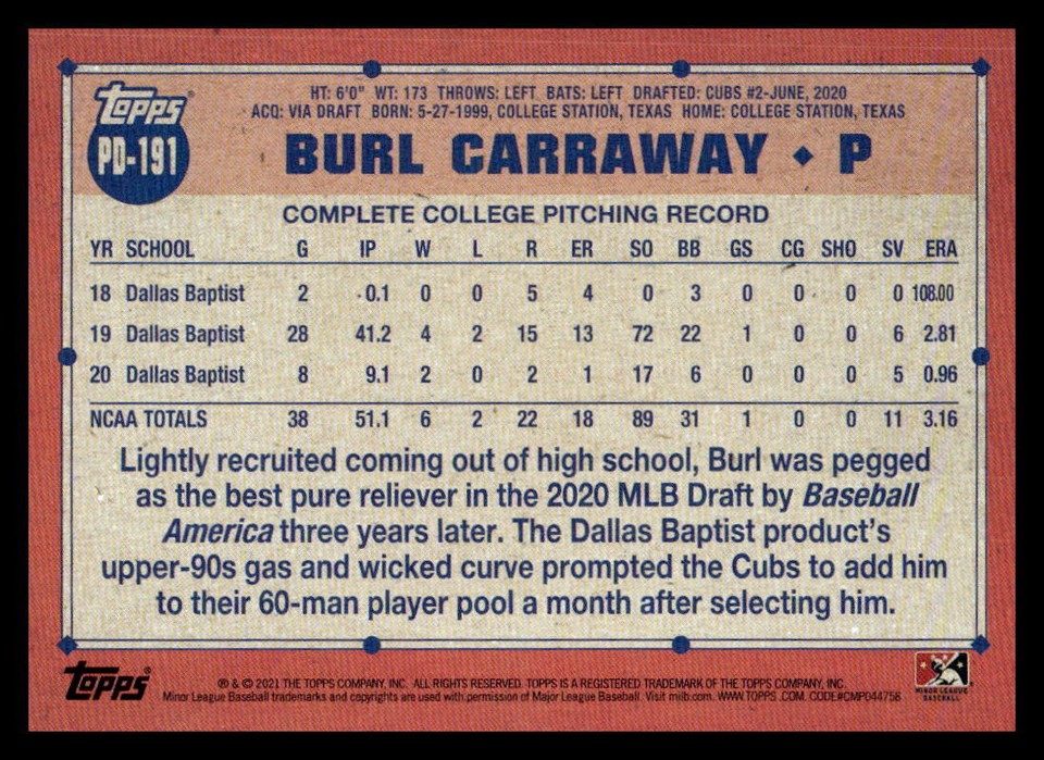 2021 Topps Pro Debut #PD-191 Burl Carraway AZL Cubs | eBay
