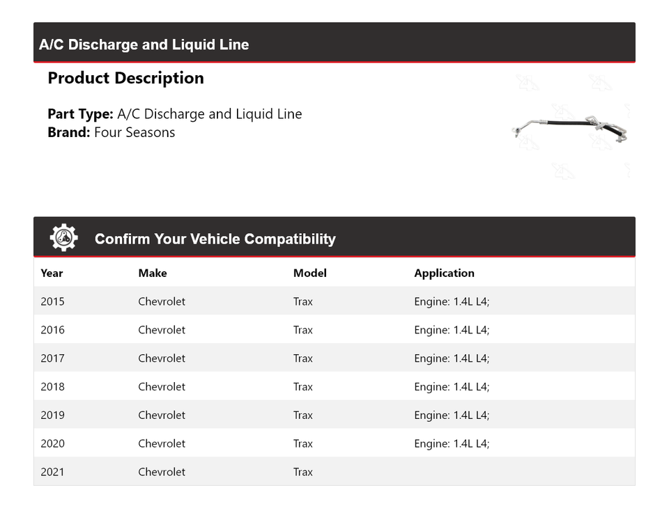 For 2015-2021 Chevrolet Trax A/C Discharge and Liquid Line 4 Seasons ...