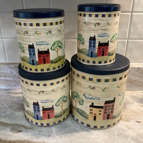Vintage Set 4 Nesting Tin Canister Set Country Sampler Metal Farmhouse ...