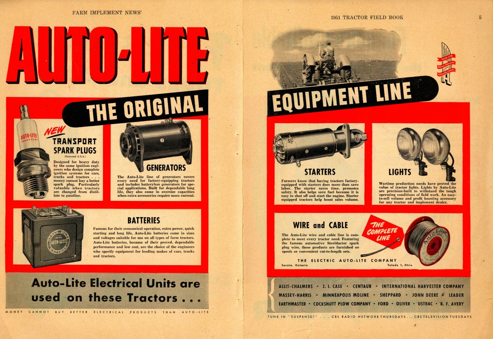 1951 Autolite 2 Separate Pg. Ad: Transport Spark Plugs, Batteries ...