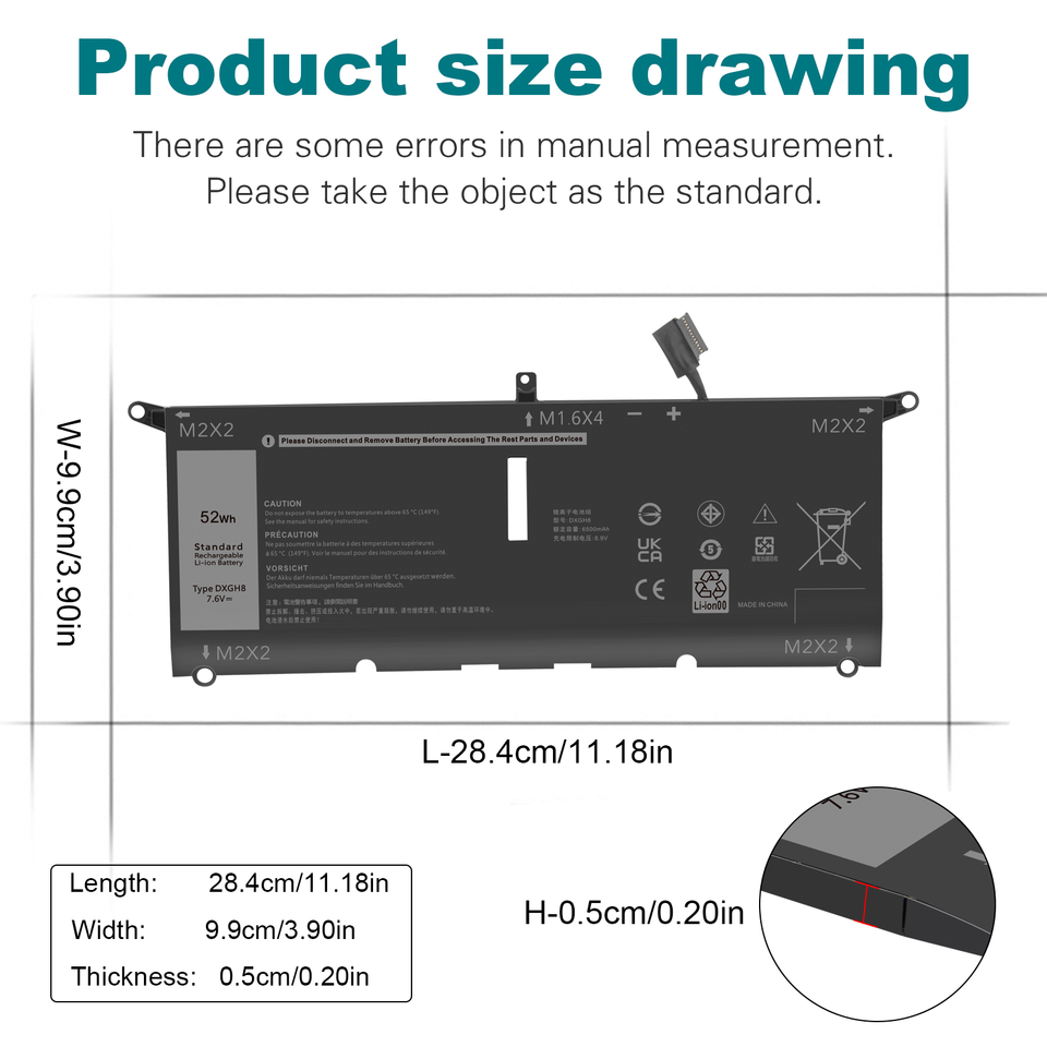 DXGH8 Battery for Dell XPS 13 9370 9380 Latitude 3301 G8VCF 0H754V 52WH ...