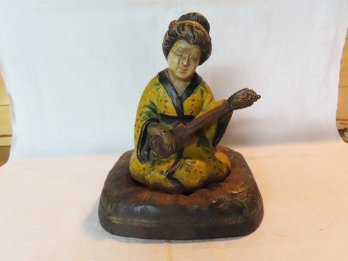 Antique vintage Hubley cast iron Japanese Geisha girl playing lute ...
