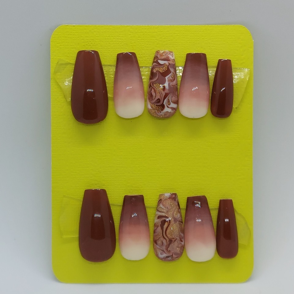 Coffee Mocha Nails Brown Gold Marble Nude Fall Winter Autumn Press on ...