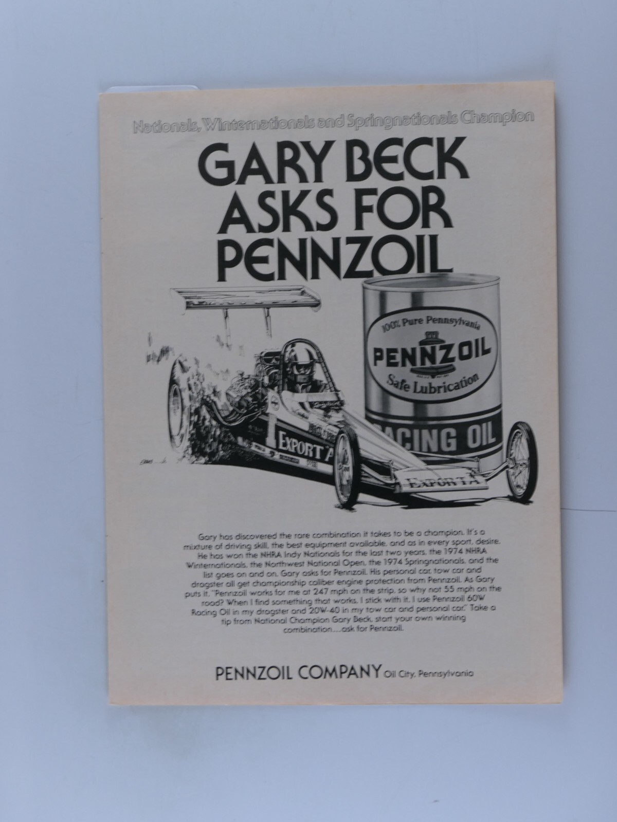 Gary Beck Pennzoil Racing NHRA Champion Vintage 1974 Original Ad 8.5 x ...