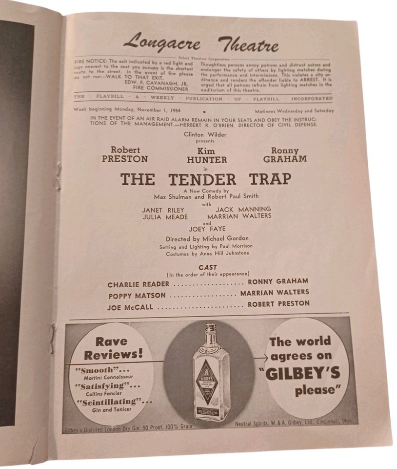 The Tender Trap Longacre Theatre Playbill Nov 1 1954 Kim Hunter Robert ...