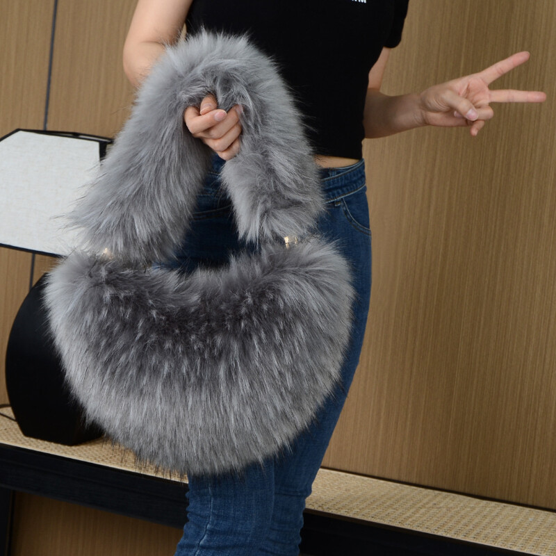 Lady Faux Fur Handbag Shoulder Bag Heart Shaped Furry Handle Casual ...