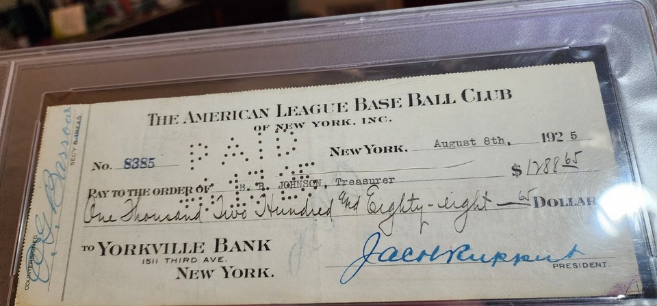 Jacob Ruppert Ed Barrow Signed Check Yankees Tigers Babe Ruth Lou ...