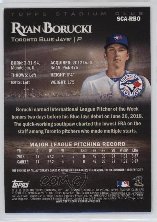 2019 Topps Stadium Club Auto Ryan Borucki #SCA-RBO Rookie Auto RC | eBay