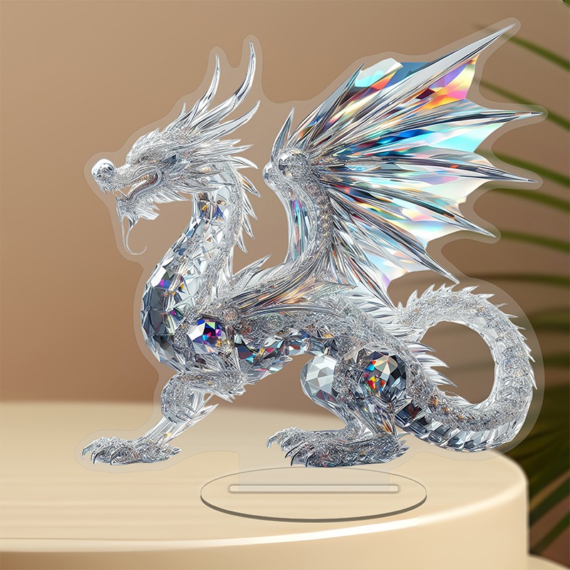 Acrylic White Crystal Dragon Statue 2D Flat Cool Figurine Home Office ...