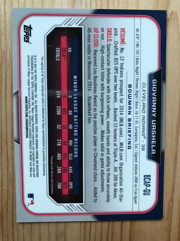 2015 Bowman Chrome Prospects Gio Urshela Giovanny #BCAP-GU Rookie ...