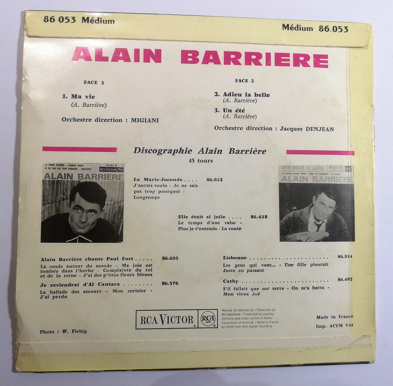 EP 45 tours 45 rpm 7" ALAIN BARRIERE 86 053 ma vie + 2 RCA FRANCE BIEM ...