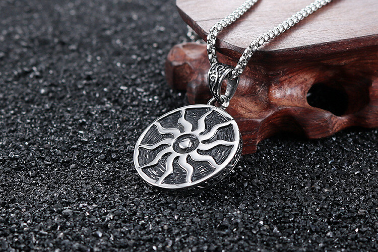 Mens Stainless Steel Fashion Fire Sun Solar Pendant Necklace Black ...