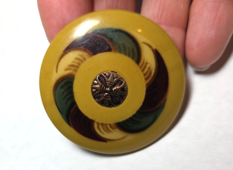 Set of 2 Vtg 2" Shank Buttons Metal Center Mustard Yellow Green Brown ...