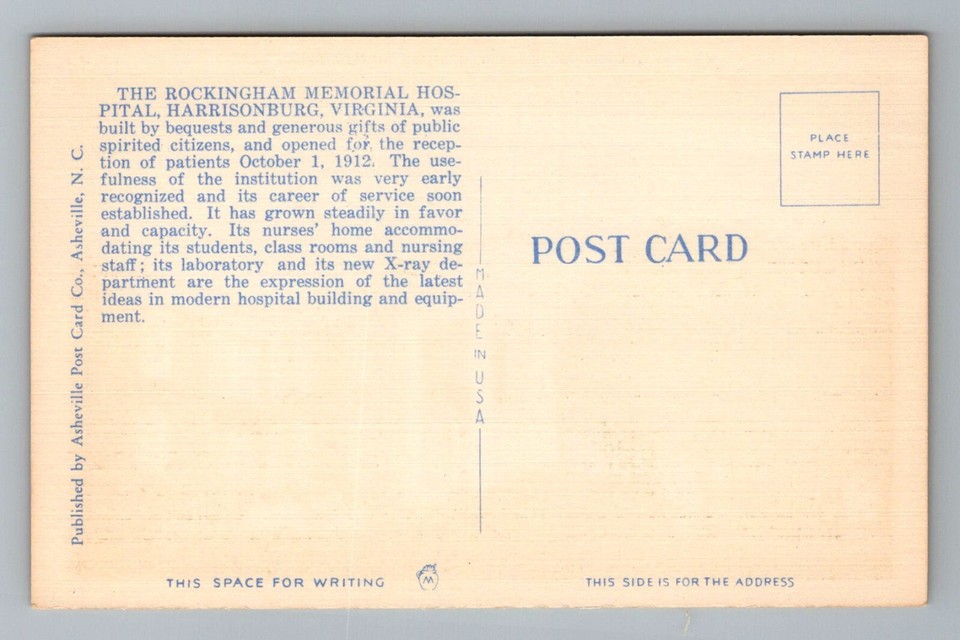 Rockingham Memorial Hospital Harrisonburg Virginia VA Vtg. Postcard ...
