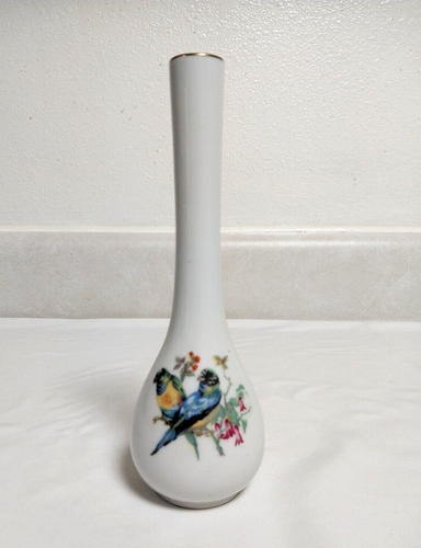 ARDCO BUD VASE BIRDS & FLOWERS WHITE PORCELAIN GOLD RIM MADE IN JAPAN 7 ...