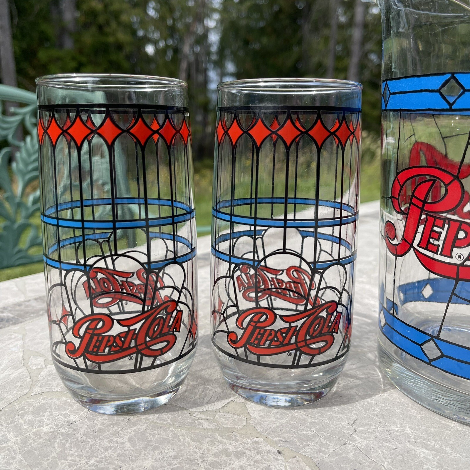 Vintage 1970'S Pepsi Cola Pitcher and Glasses Tiffany Style Stained ...