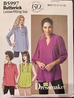 Butterick 5997 Loose Tunic Top High-Low Hem Pattern US Size 10-18; UK 8 ...