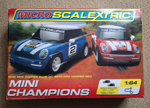 Micro Scalextric Mini Champions BMW Mini Cooper Red & Blue Working ...
