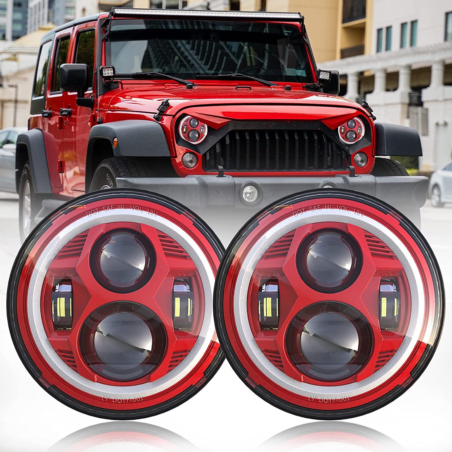 Pair of 7" LED Custom Headlights RED with Halo DRL - Jeep Wrangler JK ...