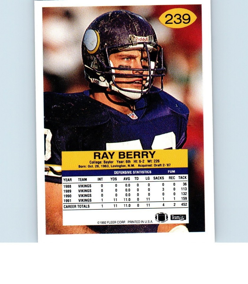 Ray Berry 239 Vikings 1992 Fleer NFL Football Trading Card | eBay