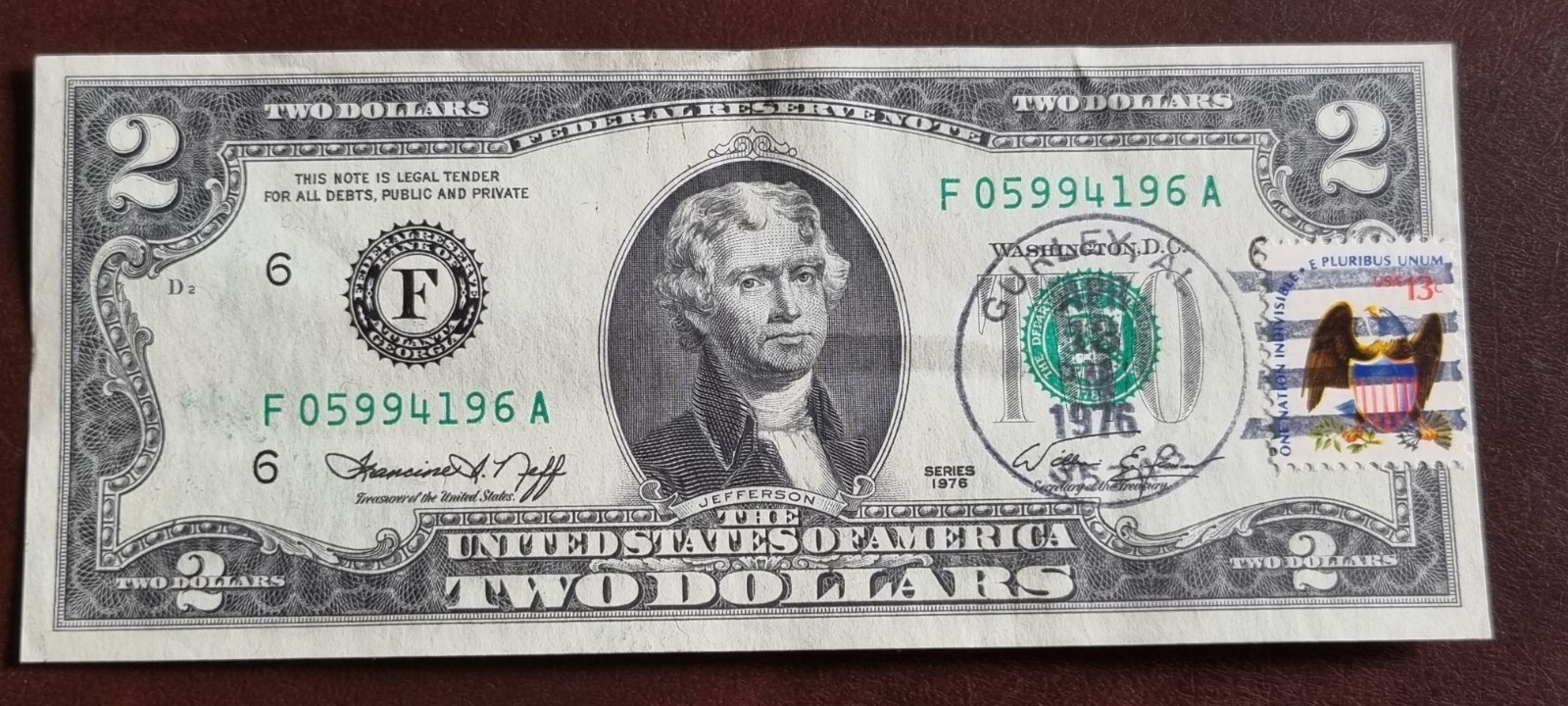 1976 Two Dollar Federal Reserve Note $2 First Day of Issue Postmarked ...