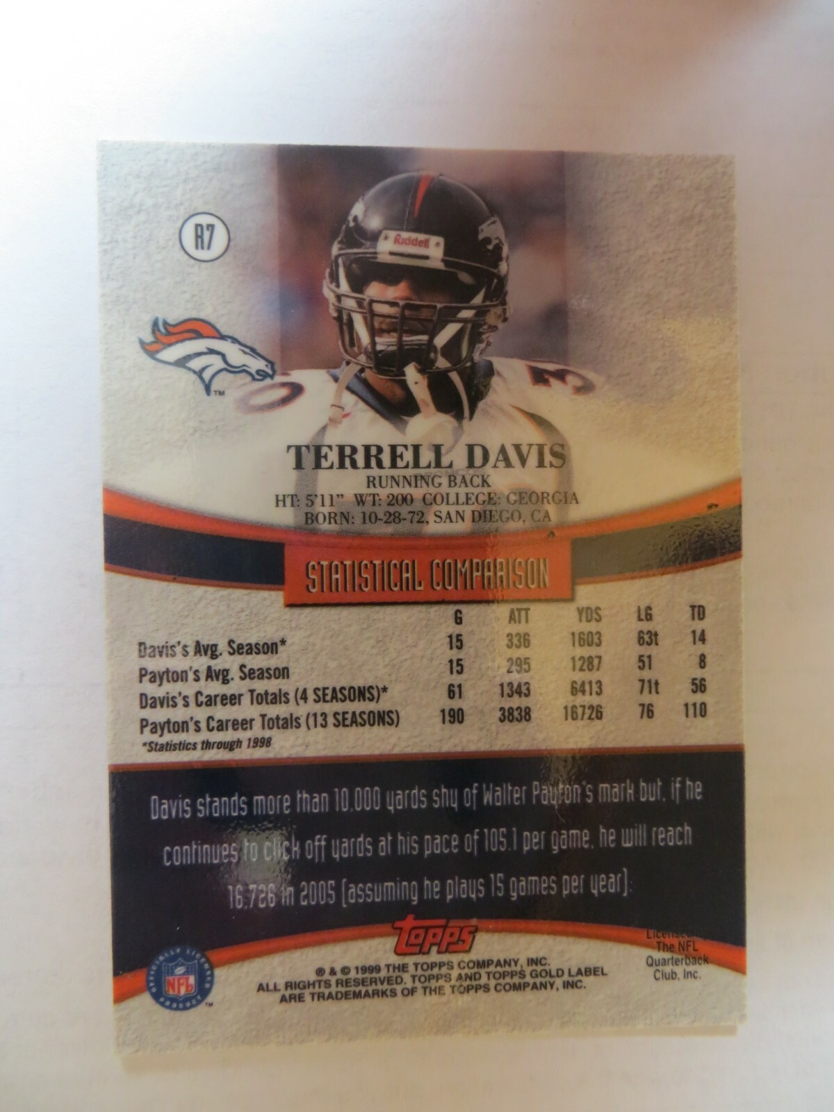 1999 TOPPS GOLD LABEL - RACE TO PAYTON BLACK - #R7 TERRELL DAVIS | eBay