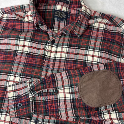 Pendleton Men’s XL Hawthorne Tartan Flannel Shirt Elbow Patch Red Plaid ...