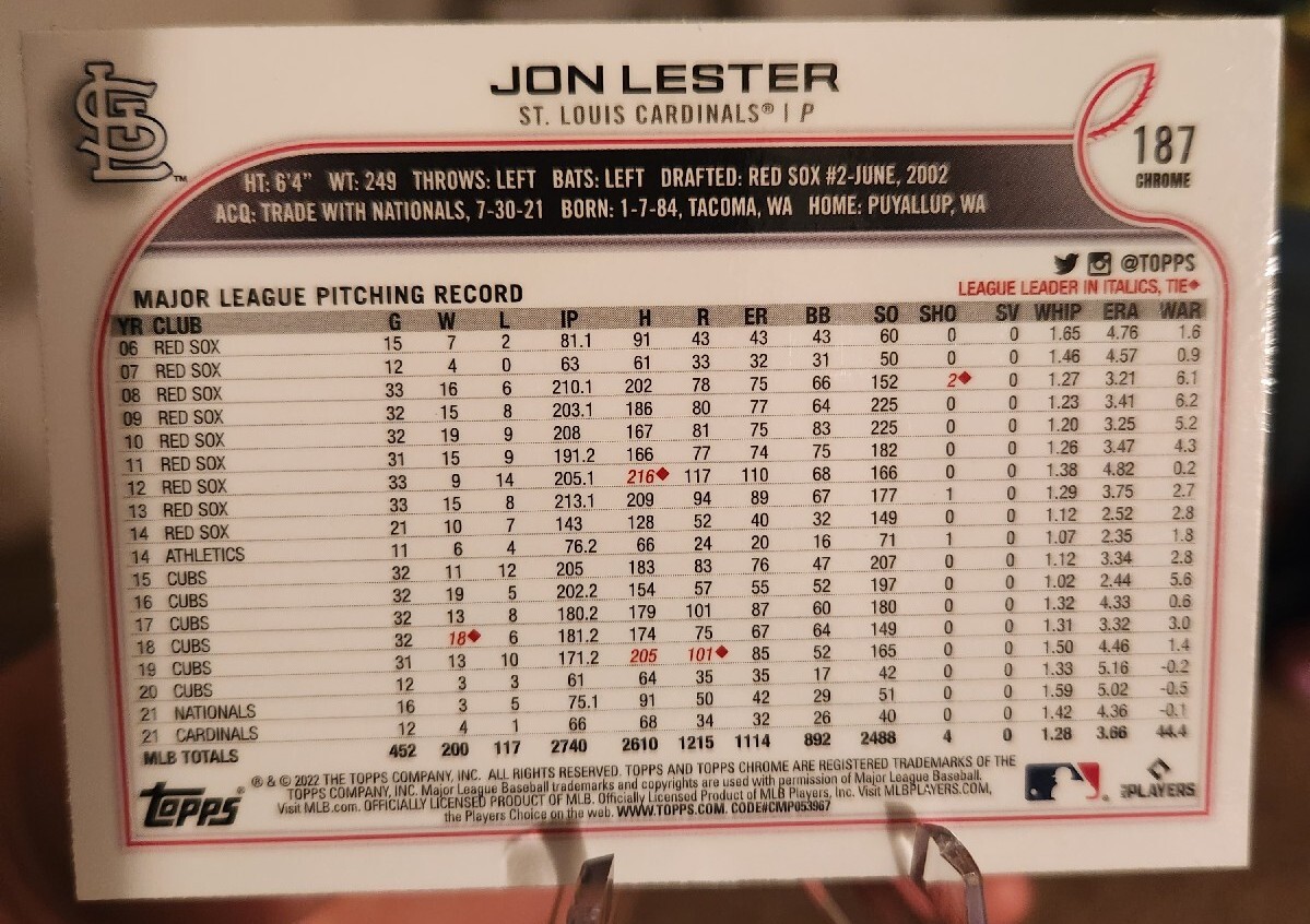 2022 Topps Chrome Prism Refractor #187 Jon Lester St. Louis Cardinals ...