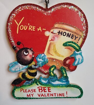BEE PLEADING w/ HONEY JAR, RED HEART * Glitter VALENTINE ORNAMENT * Vtg ...