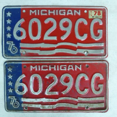 MICHIGAN 1976 LICENSE PLATE PAIR 1978 Tag 6029CG Man Cave Bicentennial ...