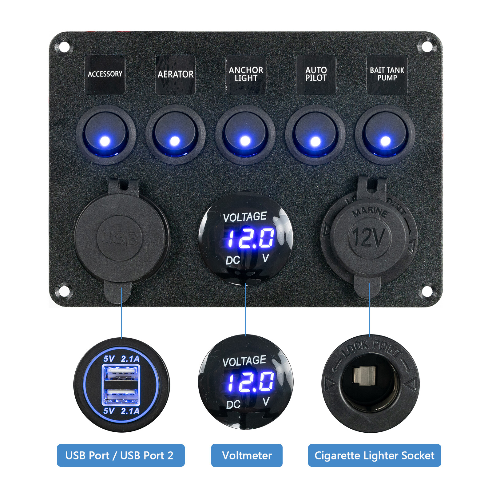 5 Gang Rocker Switch Panel Car Boat Marine Blue LED On-Off Toggle ...