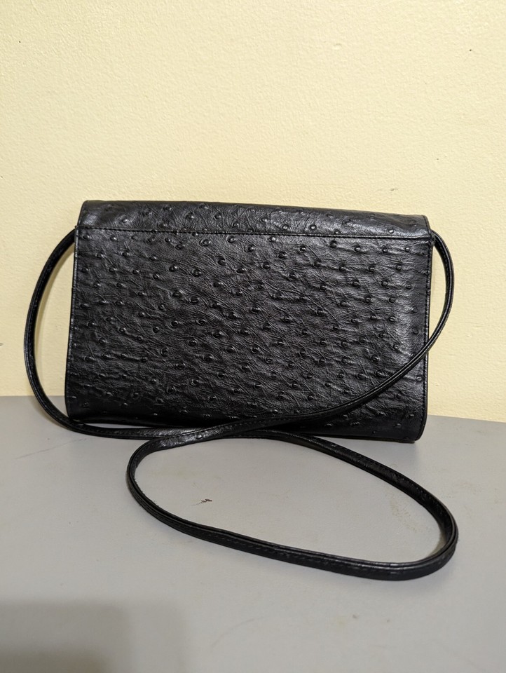 Faux Leather Ostrich Skin Crossbody Flap-Over Handbag Purse Black | eBay