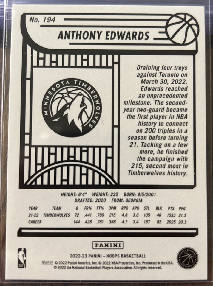 2022-23 NBA Hoops Base Purple #194 Anthony Edwards - Minnesota ...