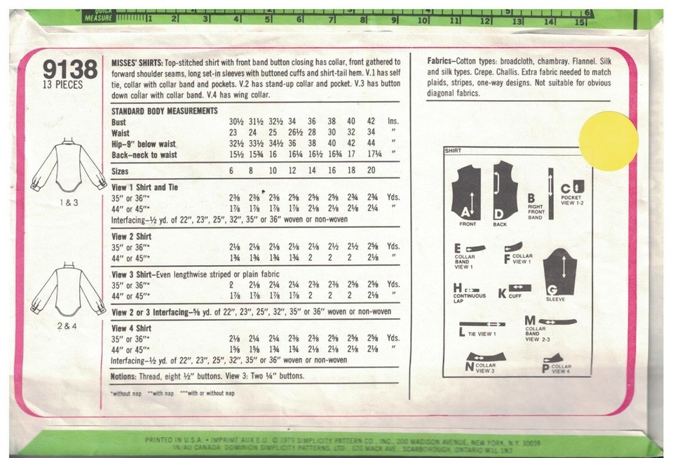 9138 Vintage Simplicity Sewing Pattern Misses Top Stitched Shirt Career ...