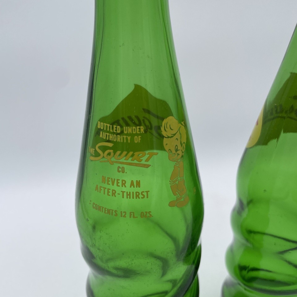 2 VINTAGE SQUIRT Soda Pop Spiral Green Bottles 12oz MADE IN THE USA | eBay