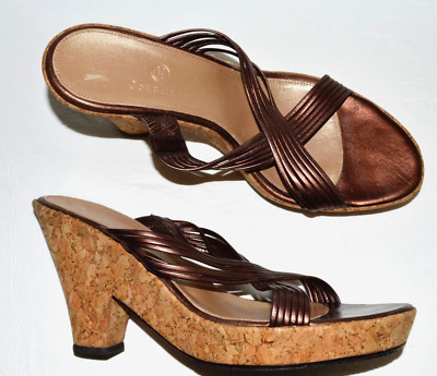 COLE HAAN 9 B METALLIC PEWTER COPPER LEATHER CORK PLATFORM SLIDES ...