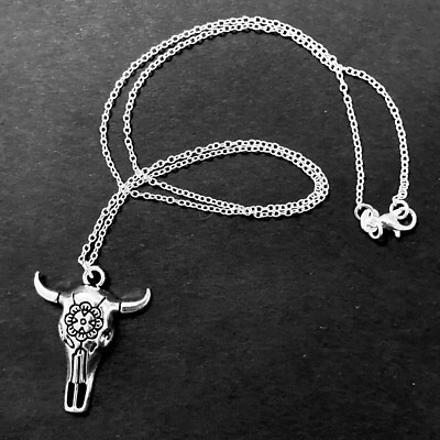 Silver Bull Horn Pendant Necklace 18” .925 Sterling Silver Chain | eBay