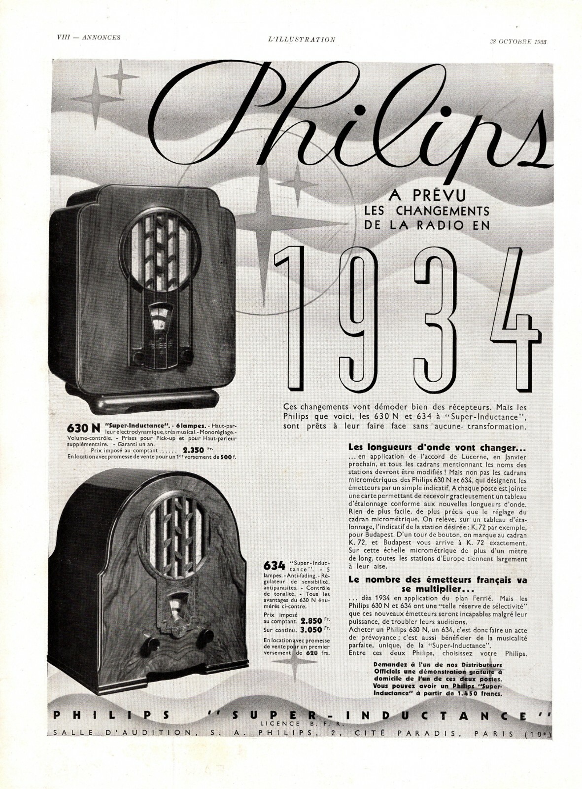 Original French Vintage Advert Ad - PHILIPS - Radio 634 Super ...