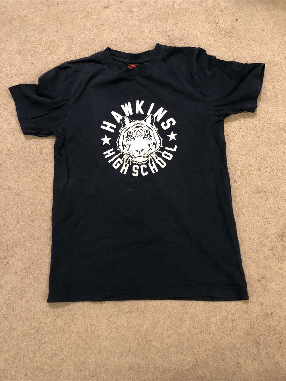 Nike Stranger Things Hawkins High Tiger Small Blue T Shirt Basketball ...