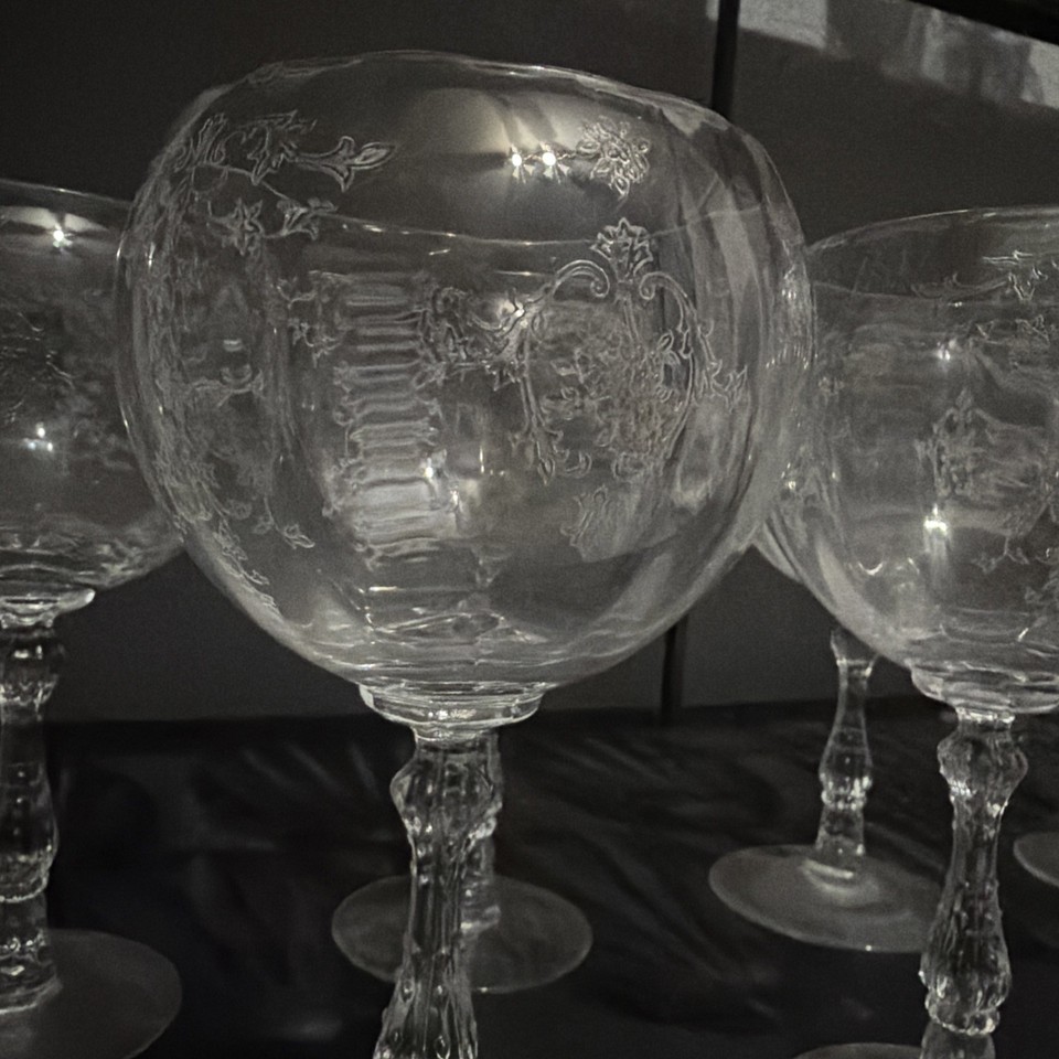 7 -Fostoria NAVARRE Blue Crystal Magnum Wine Glass ETCHED Balloon ...