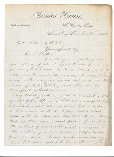 1883 Kansas City MO ~ Coates House Hotel Letter ~ Talk With Mr. Armour ...